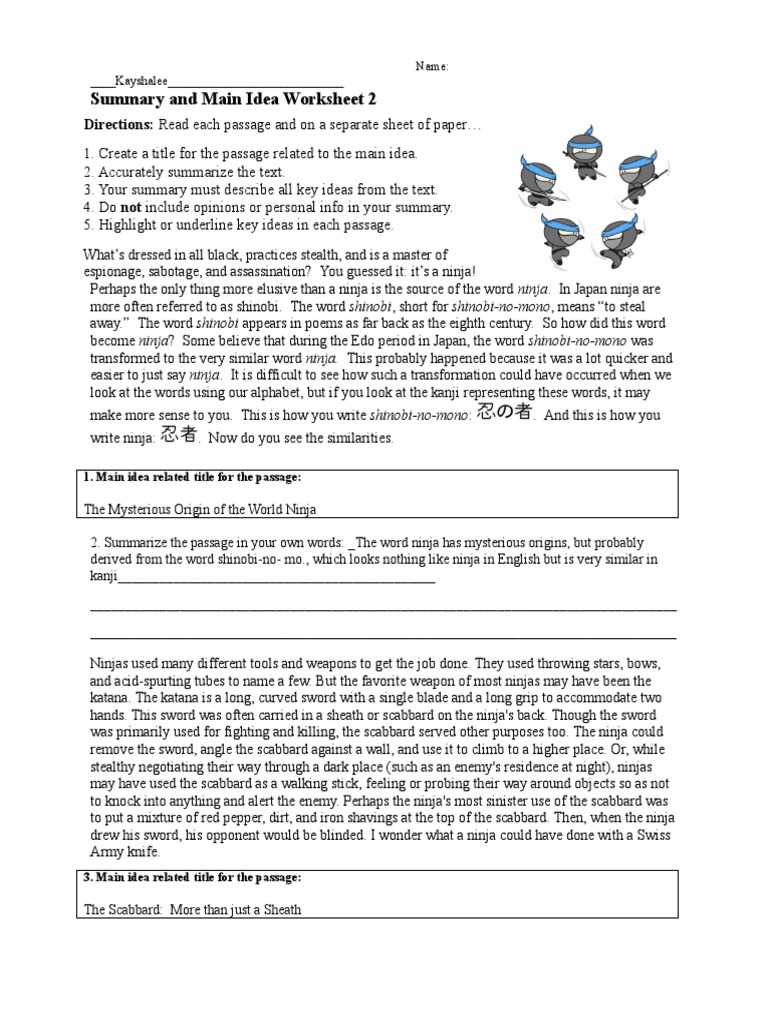 Summary and Main Idea Worksheet 2: Directions: Read Each Passage and On ...
