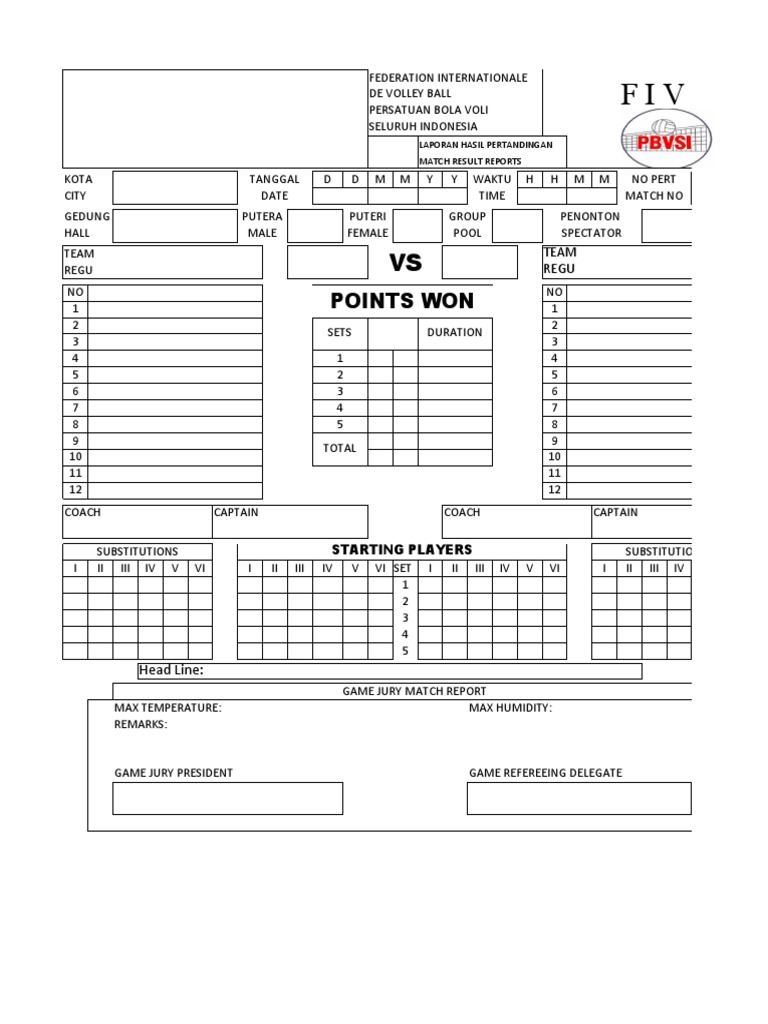 Scoresheet Bola Voli Sederhana | PDF | Sports