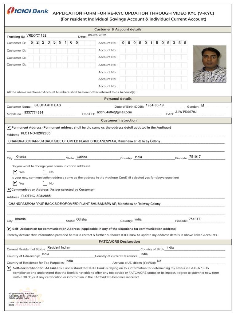 Application Form For Re-Kyc Updation Through Video Kyc (V-Kyc) (For ...
