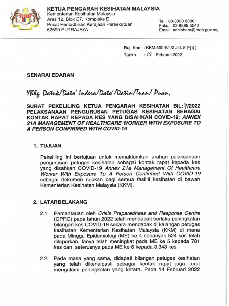 Surat Pekeliling Ketua Pengarah Kesihatan Bil 7 2022 Pelaksanaan | PDF