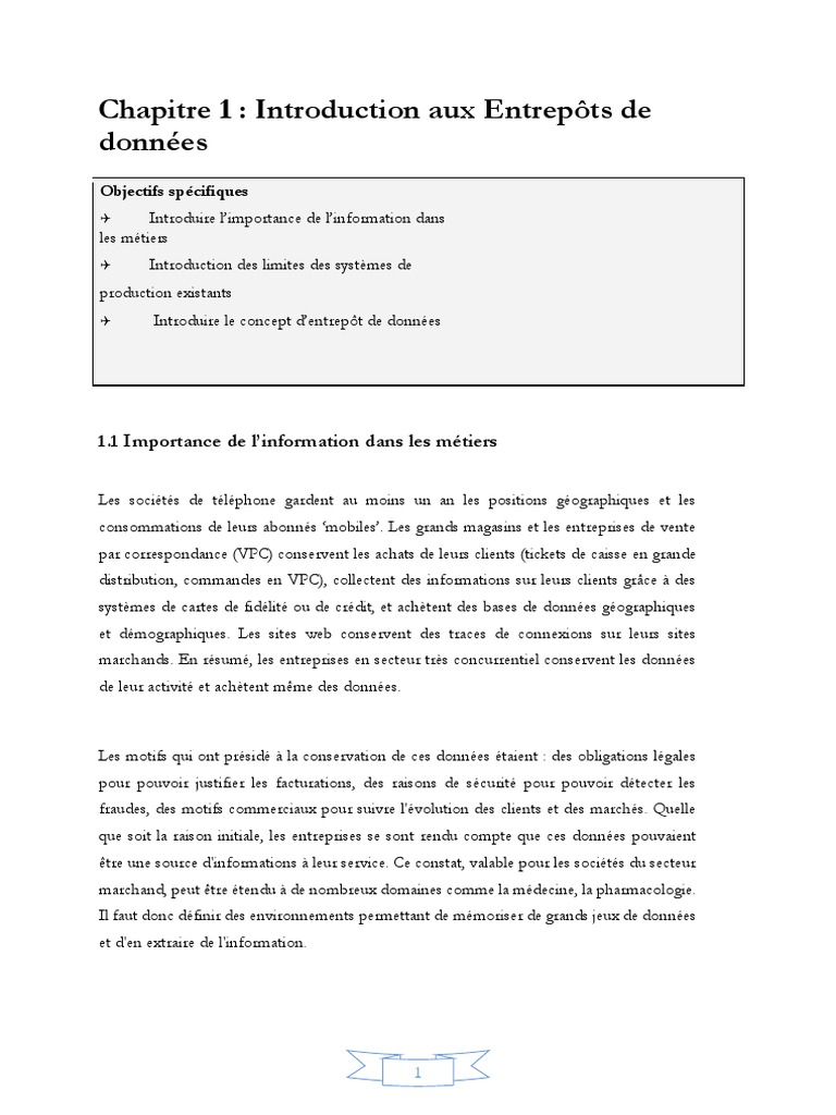 Chapitre 1 Introduction Aux Entrepôts de Données | PDF | Entrepôt de données | Bases de données