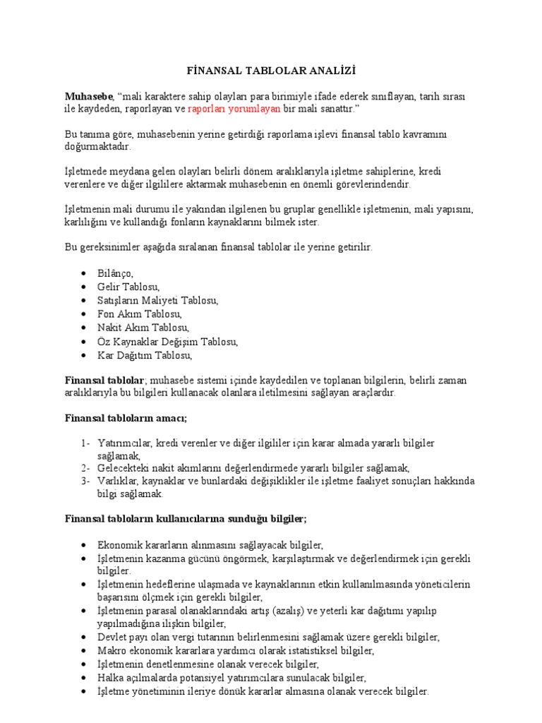 Finansal Tablolar Analizi Ders Notlari | PDF