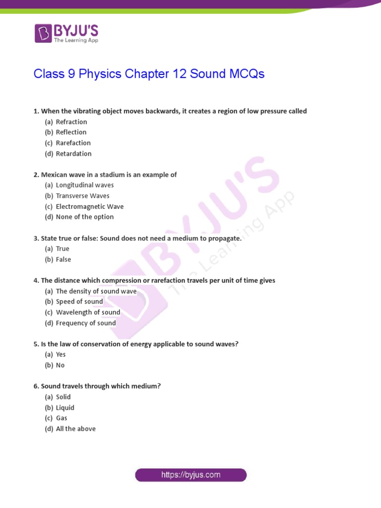 Class 9 Physics Chapter 12 Sound MCQS: (A) Refraction (B) Reflection (C ...