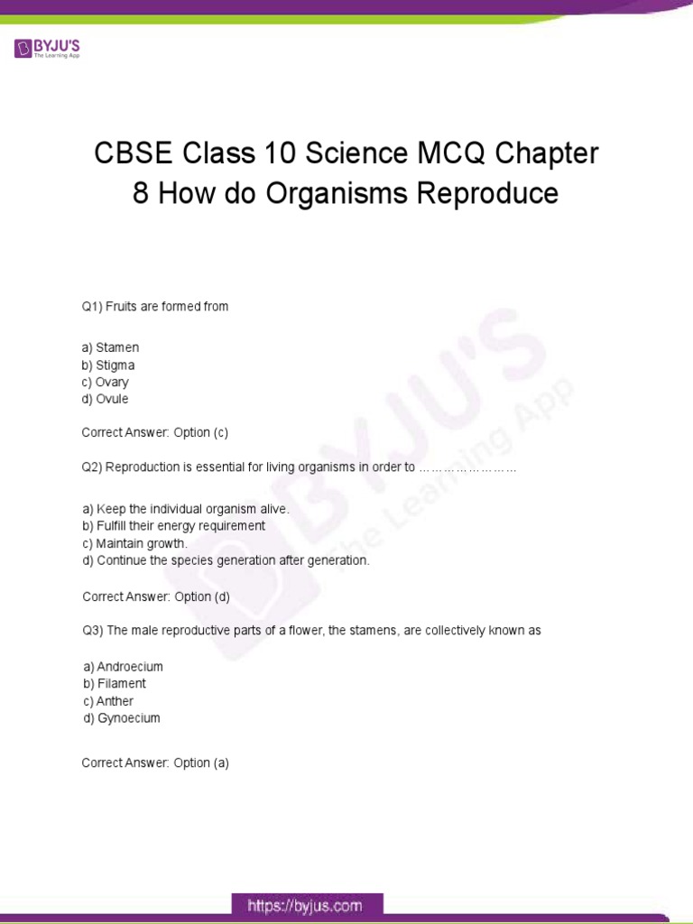 CBSE Class 10 Science MCQ Chapter 8 How Do Organisms Reproduce | PDF ...