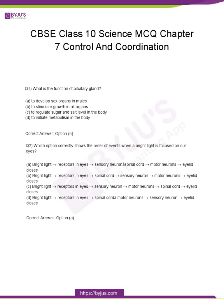 CBSE Class 10 Science MCQ Chapter 7 Control and Coordination | PDF ...
