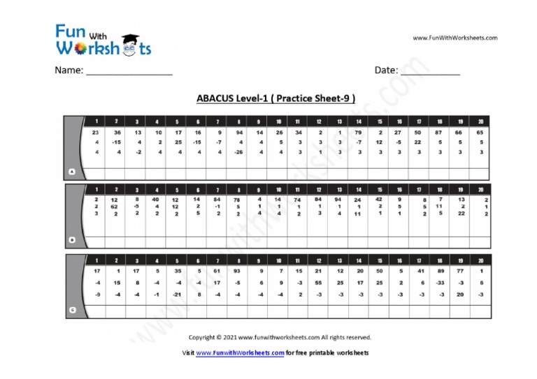 ABACUS Level 1 Practice Sheet 9 | PDF