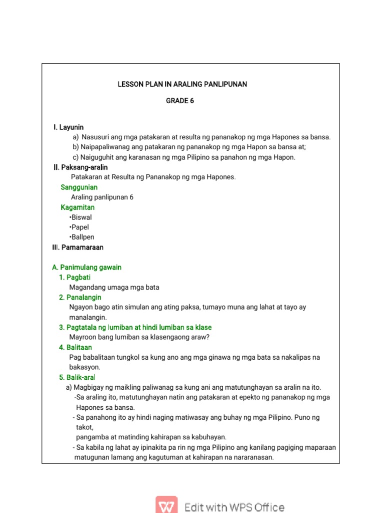 Lesson Plan in Aral-Pan (Eed6) | PDF