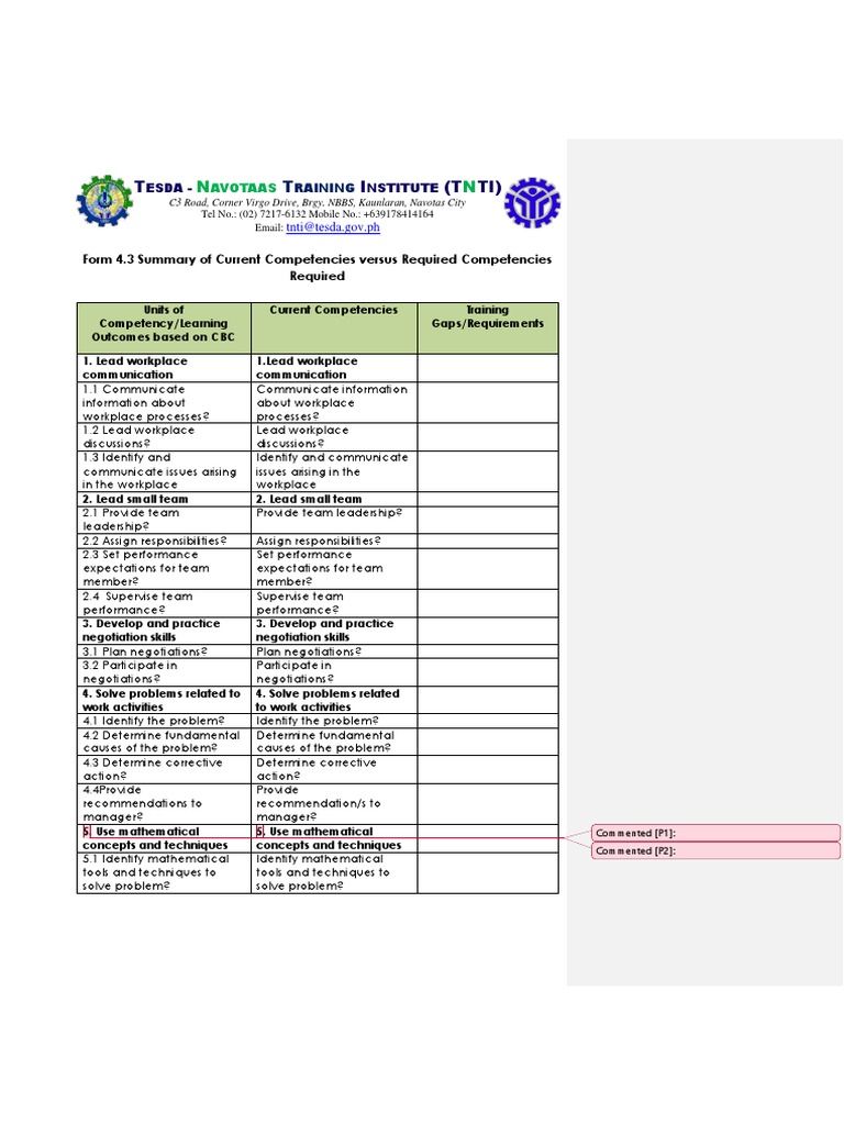 Form 4.3 Summary of Current Competencies Versus Required Competencies ...