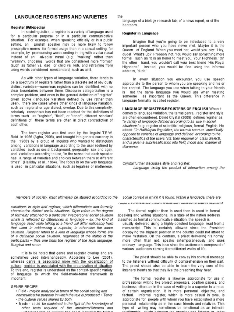 Handout 4 - Language Registers and Varieties | Download Free PDF | Cognitive Science | Linguistics