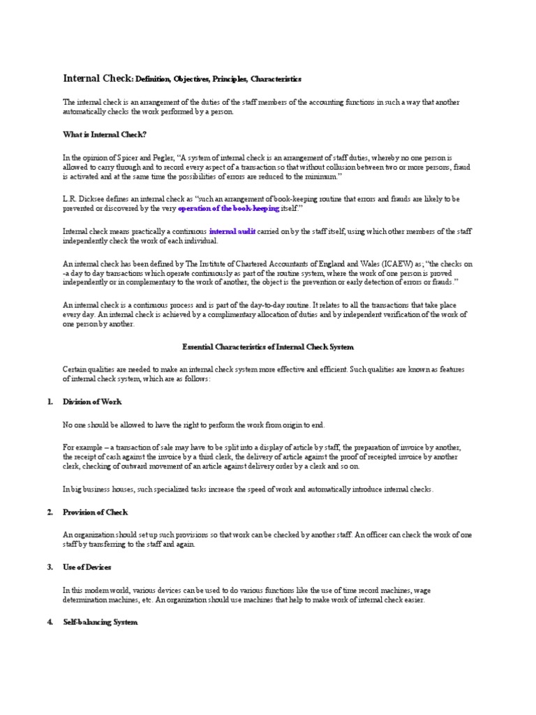 Internal Check:: Definition, Objectives, Principles, Characteristics ...