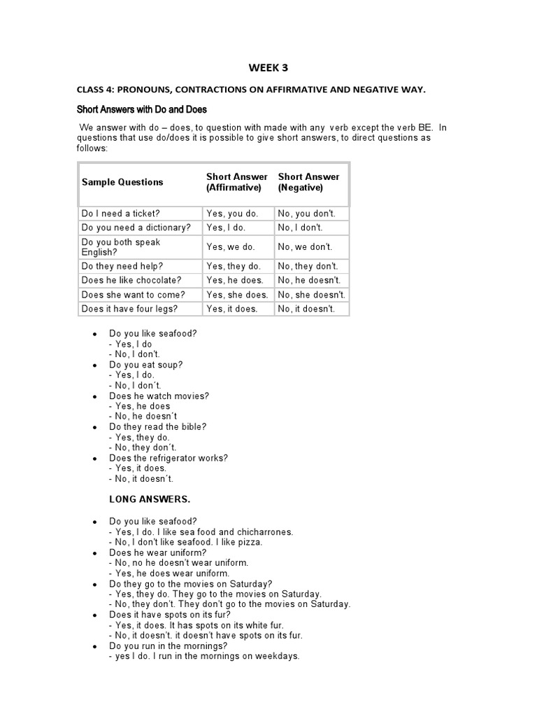 Week 3: Short Answers With Do and Does | PDF | Cognitive Science | Grammar