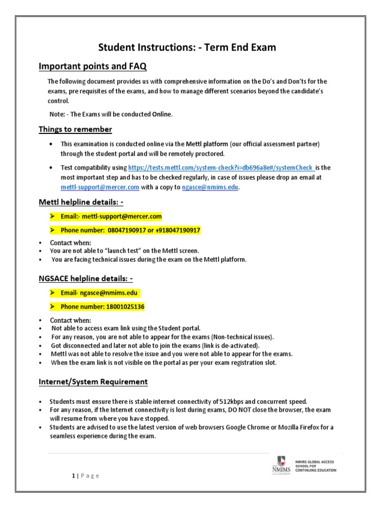 Student Instructions: - Term End Exam: Important Points and FAQ | PDF ...