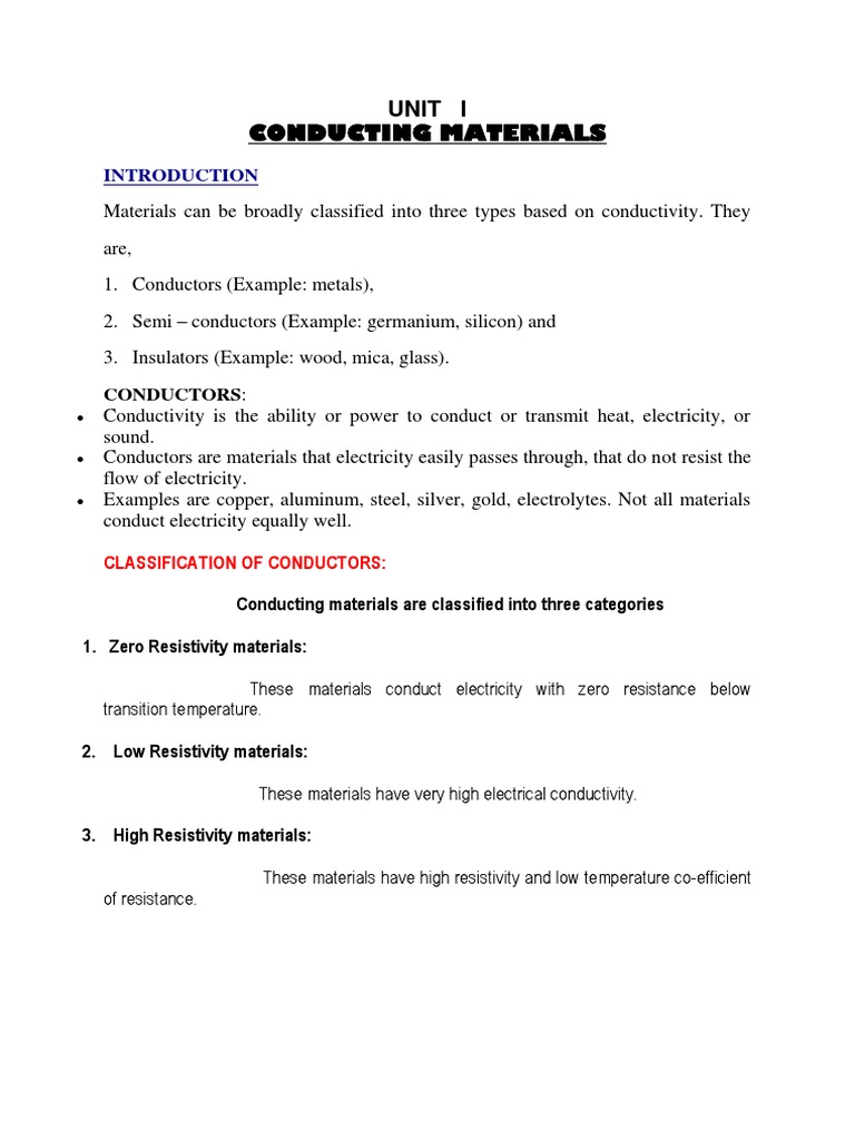 UNIT-1 Conducting Materials Notes | PDF | Electrical Resistivity And ...