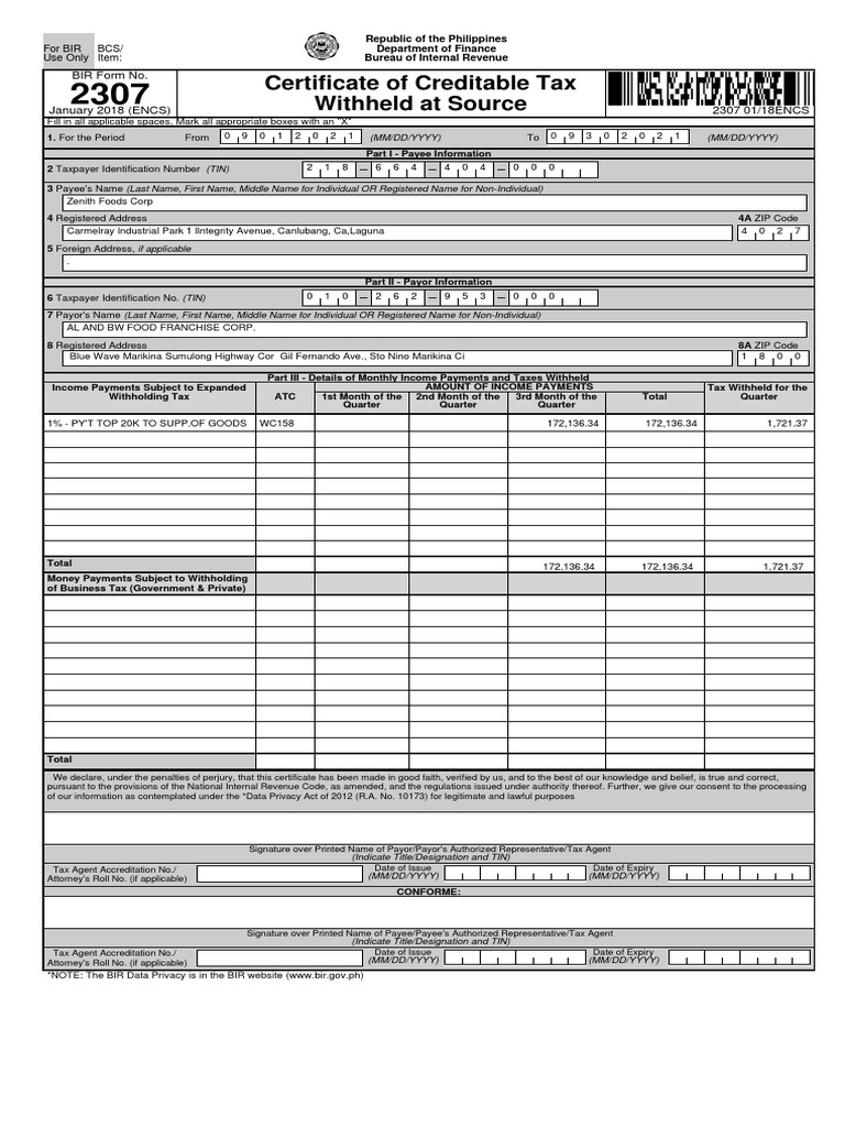 Certificate of Creditable Tax Withheld at Source: BIR Form No ...
