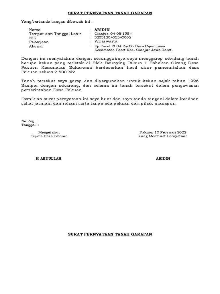 Surat Pernyataan Tanah Garapan | PDF