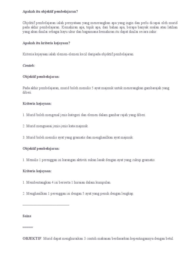 Cara Menulis Objektif Pembelajaran Dan Kriteria Kerjayaan | PDF