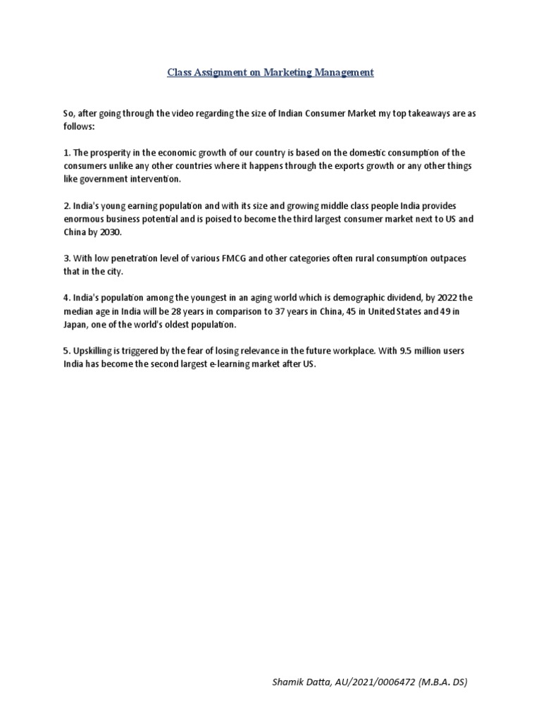 Class Assignment On Marketing Management, Shamik Datta (M.B.a. DS) | PDF