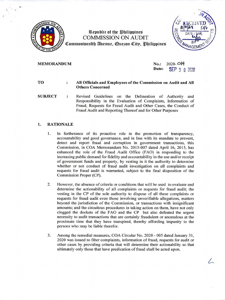 Memo-2020-014 Dated 30 Sept 2020 - New Fraud Audit Guidelines | PDF