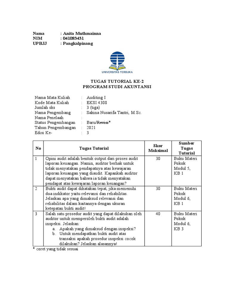 TUGAS TUTORIAL KE-2 Auditing 1 EKSI 4308 | PDF TUGAS TUTORIAL KE-2 Auditing 1 EKSI 4308 | PDF