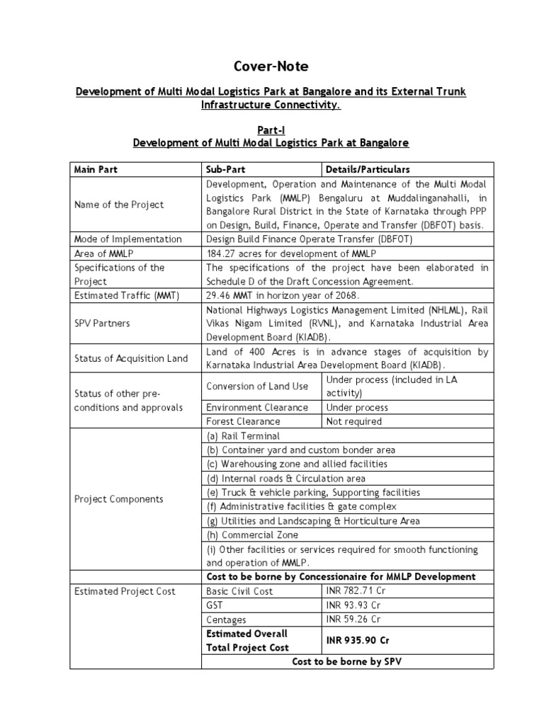 SFC Cover Note - MMLP Bangalore | PDF | Road | Transport