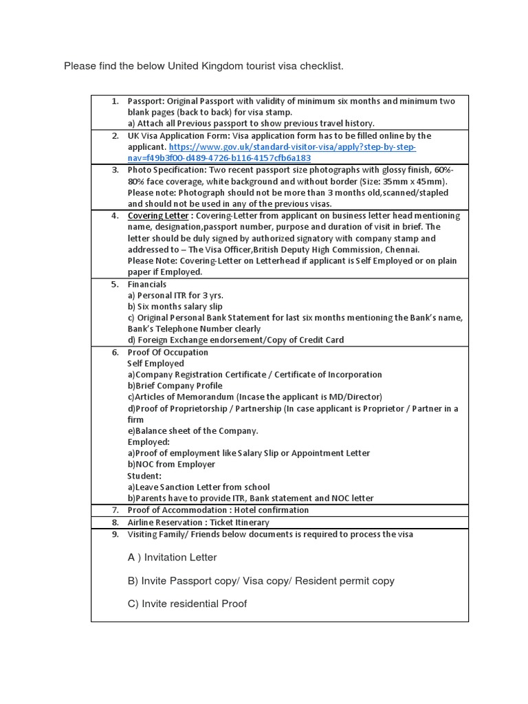 United Kingdom Tourist Visa Checklist | PDF | Travel Visa ...