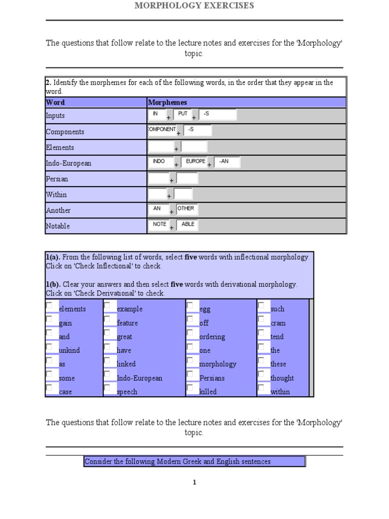 Morphology Exercises: Identifying Morphemes and Analyzing Word Structure | PDF | Morphology ...