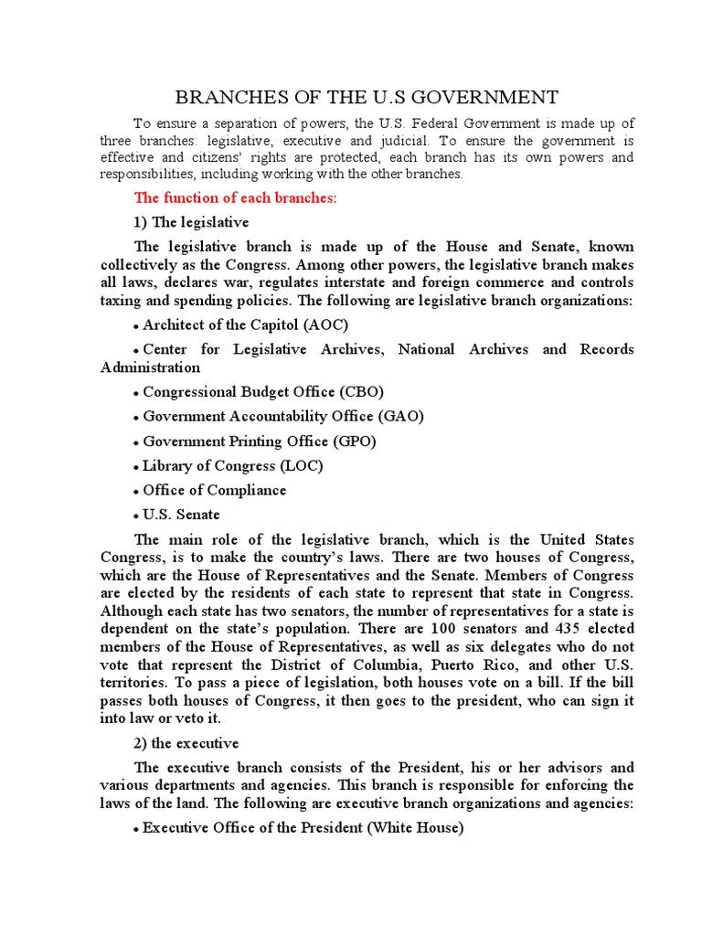 Branches of The U.S Government | PDF | Federal Government Of The United ...