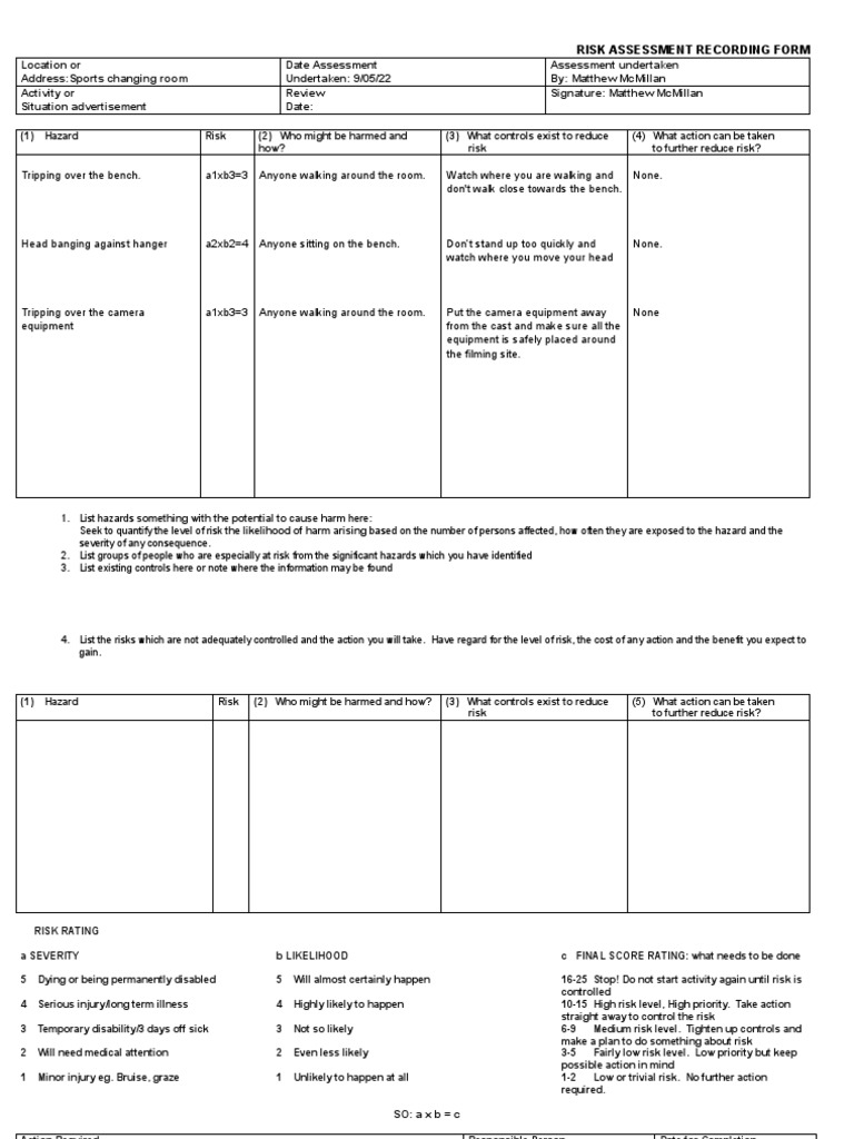 Sports Changing Room Risk Assessment | PDF | Risk | Risk Assessment