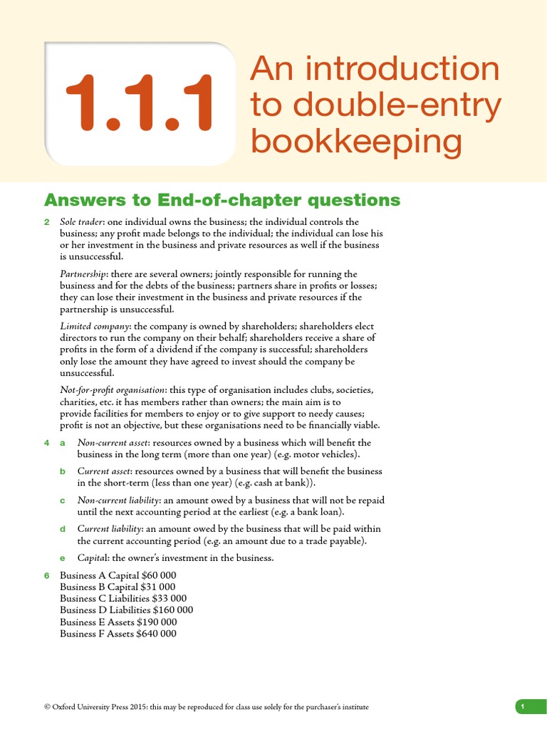 An Introduction To Double-Entry Bookkeeping: Answers To End-Of-Chapter ...
