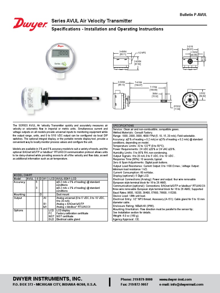 Series AVUL Air Velocity Transmitter: Specifications - Installation and ...