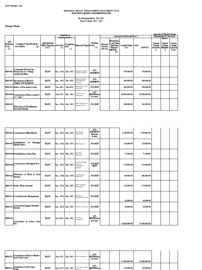 Barangay Mukas Development Investment Plan: BDIP Summary Form | PDF ...