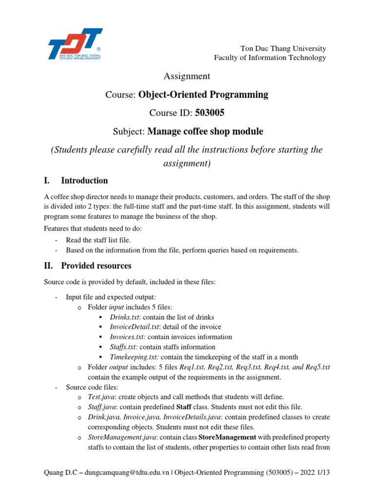 Assignment Course: Object-Oriented Programming Course ID: 503005 Subject: Manage Coffee Shop ...