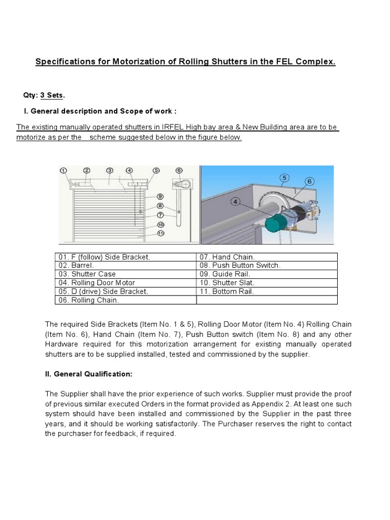 Specifications For Motorization of Rolling Shutters in The FEL Complex ...