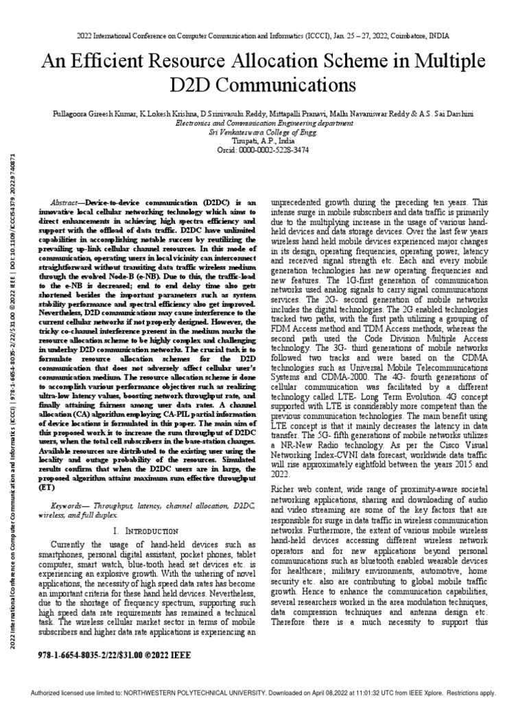An Efficient Resource Allocation Scheme In Multiple D2d Communications Pdf Computer Network
