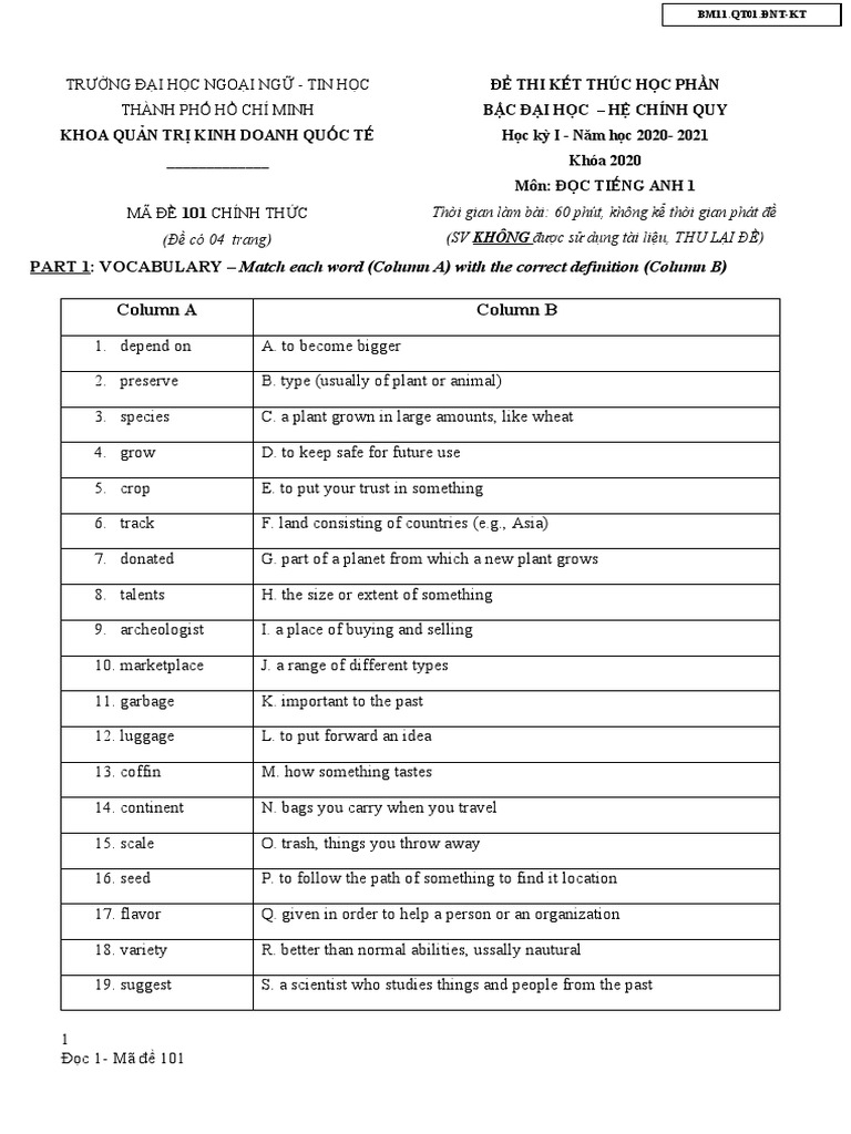 Column A Column B: 101 PART 1: VOCABULARY - Match Each Word (Column A ...