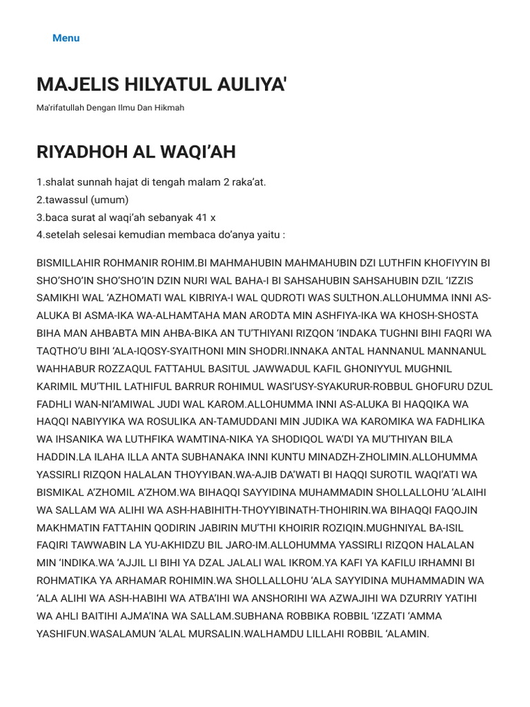 Riyadhoh Al Waqi'Ah - Majelis Hilyatul Auliya' | PDF