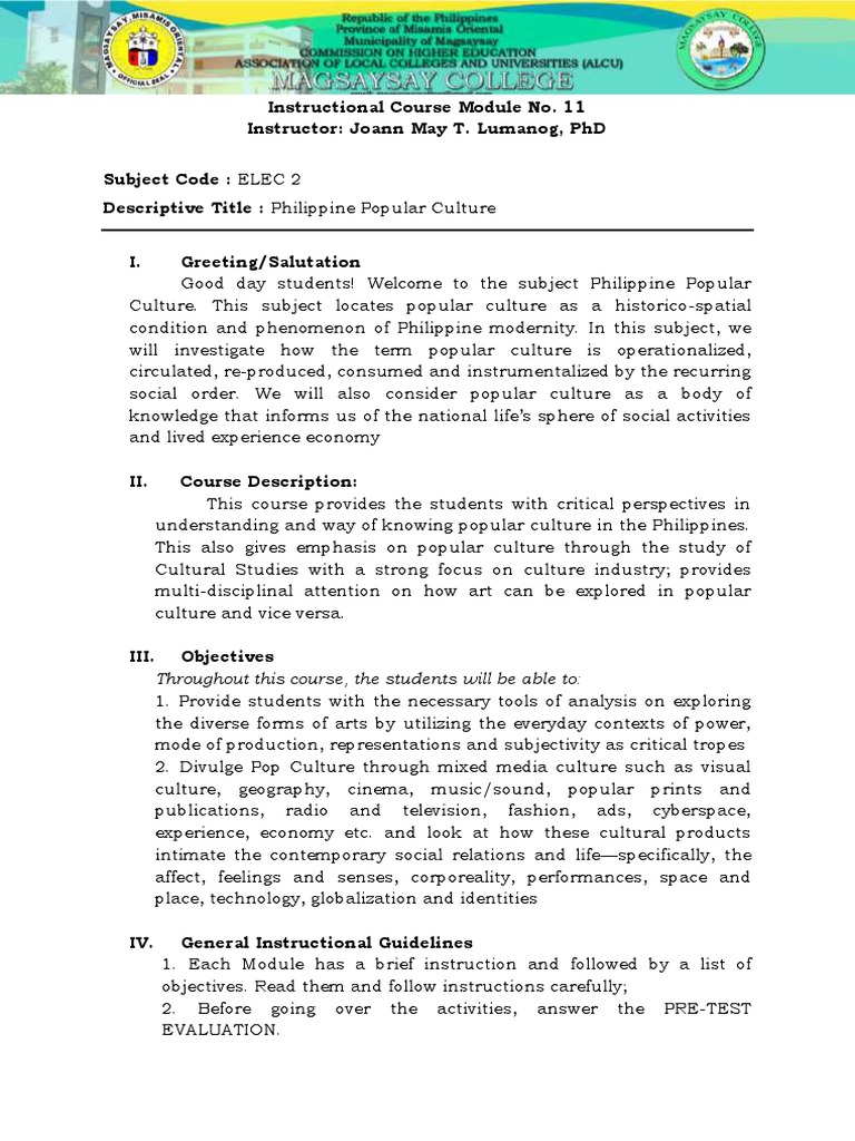 PHIL POP CULTURE - Finals - Course Module 11 | PDF | Philippines | Popular Culture