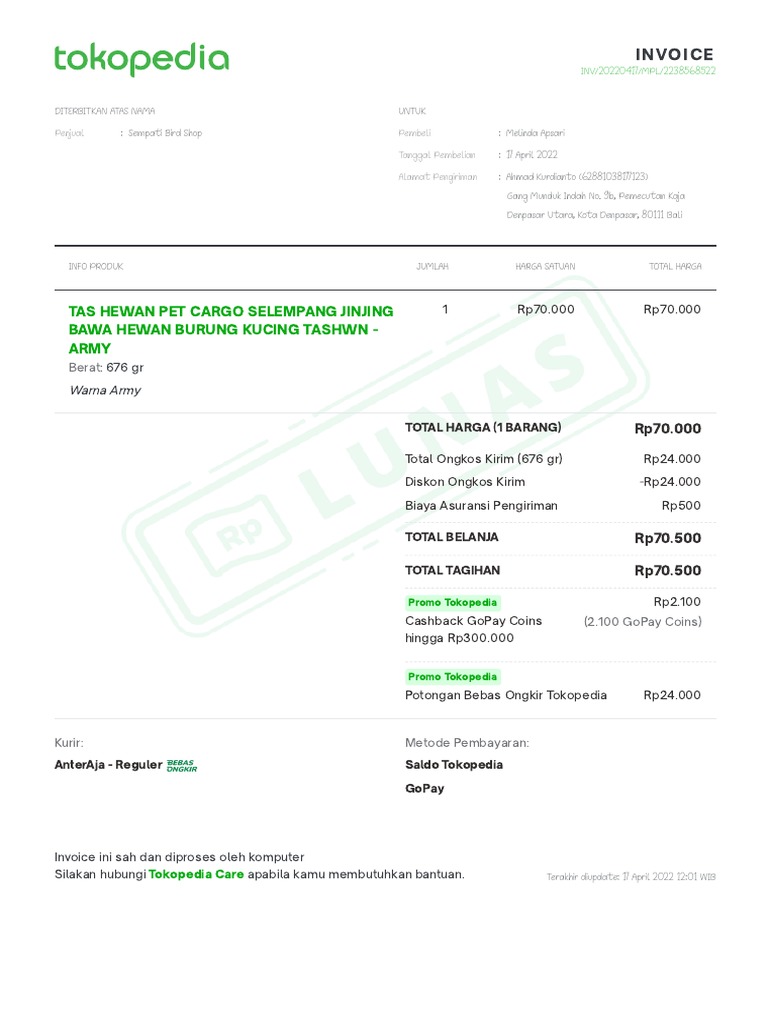 Invoice Pembelian Tas Hewan Sempati | PDF