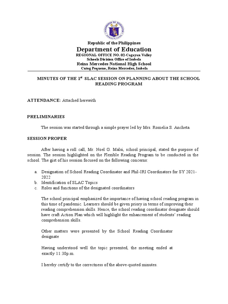 Minutes of Slac Session Reading Program | Download Free PDF | Reading ...