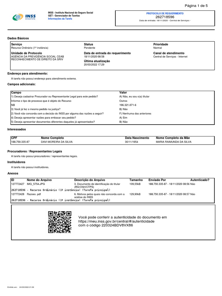 Protocolo de Requerimento: INSS - Instituto Nacional Do Seguro Social ...