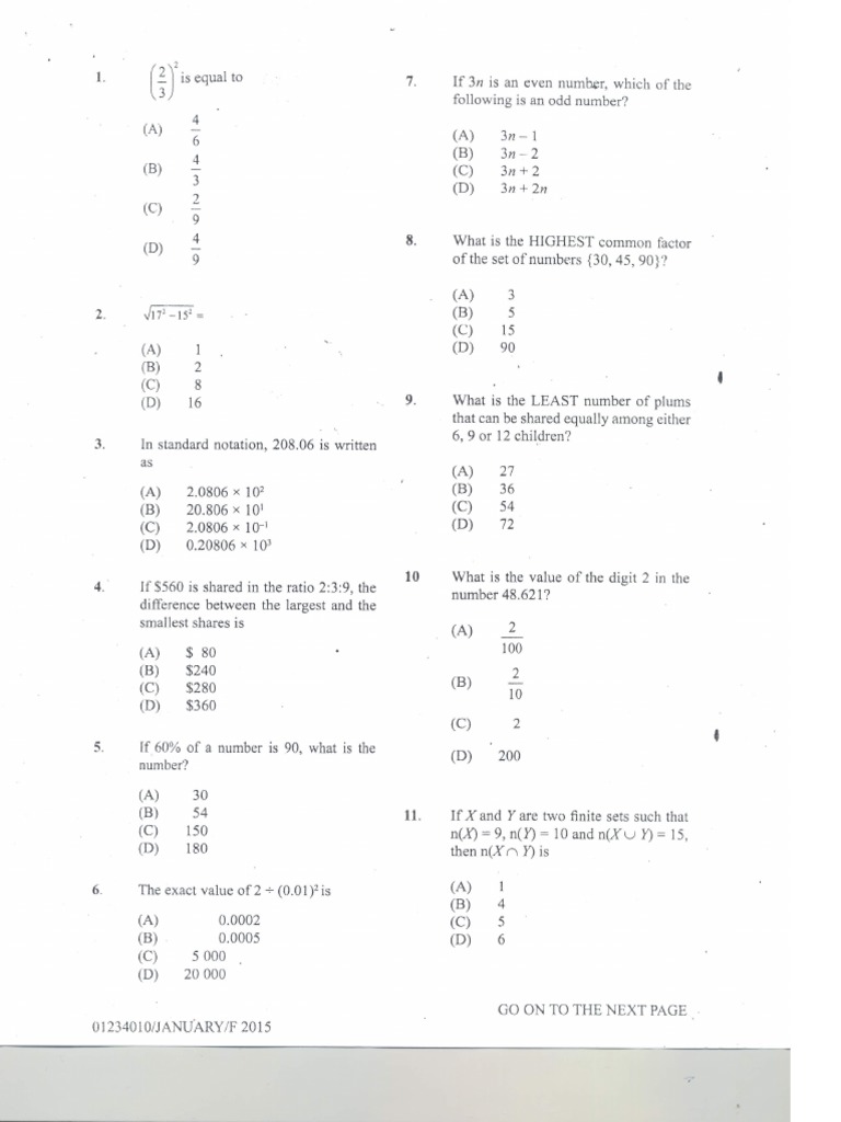 CSEC January 2015 Mathematics P1 | PDF