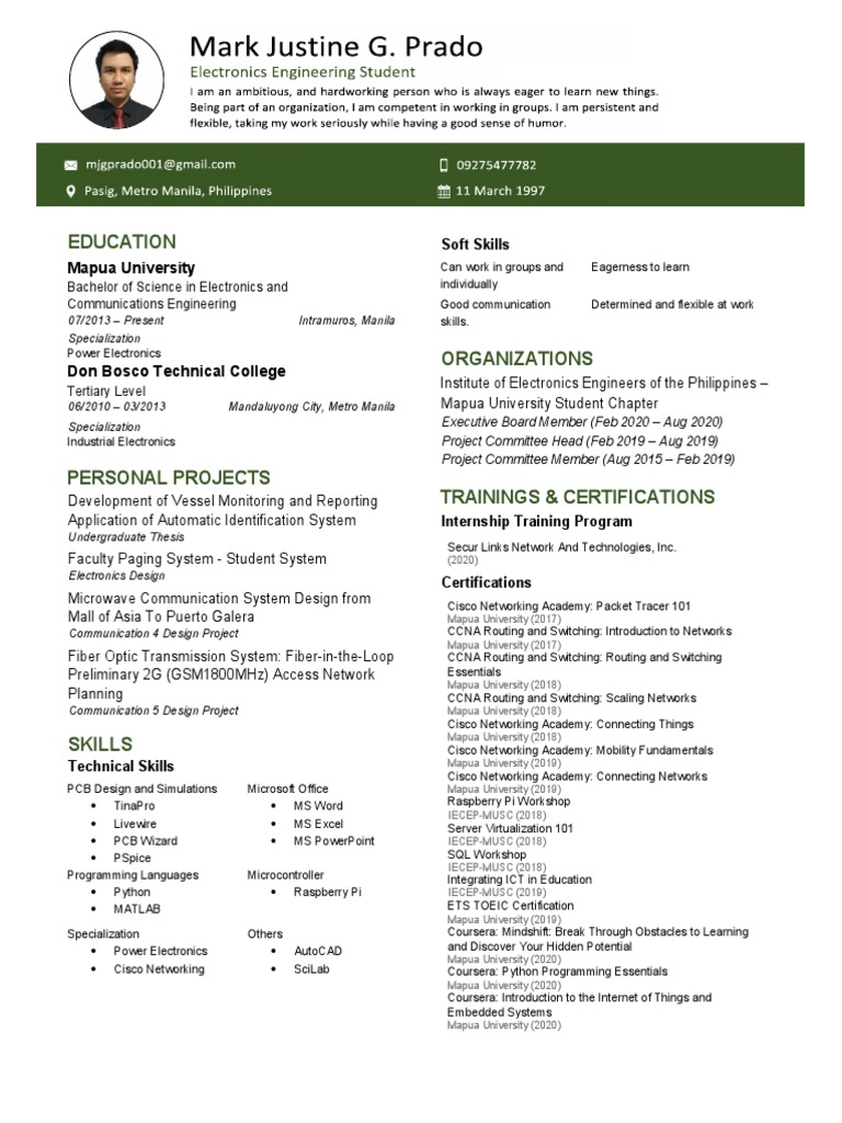 Resume of an Electronics and Communications Engineering Graduate with ...