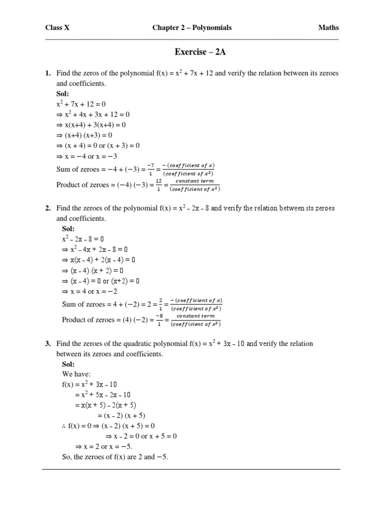 Exercise - 2A: Class X Chapter 2 - Polynomials Maths | PDF | Quadratic ...