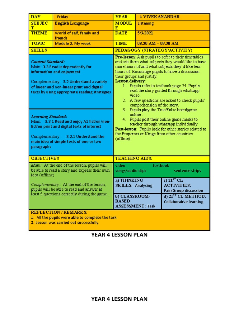 Year 4 Lesson Plan Content Standard PDF Reading Comprehension