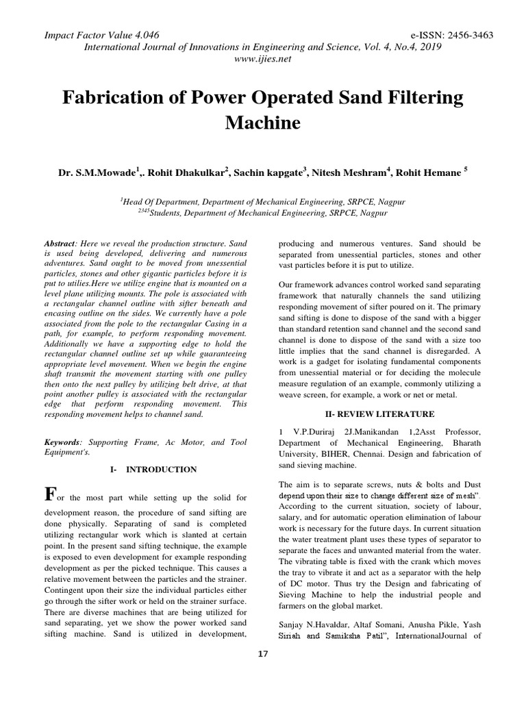 Design and Fabrication of a Power Operated Sand Filtering Machine for ...