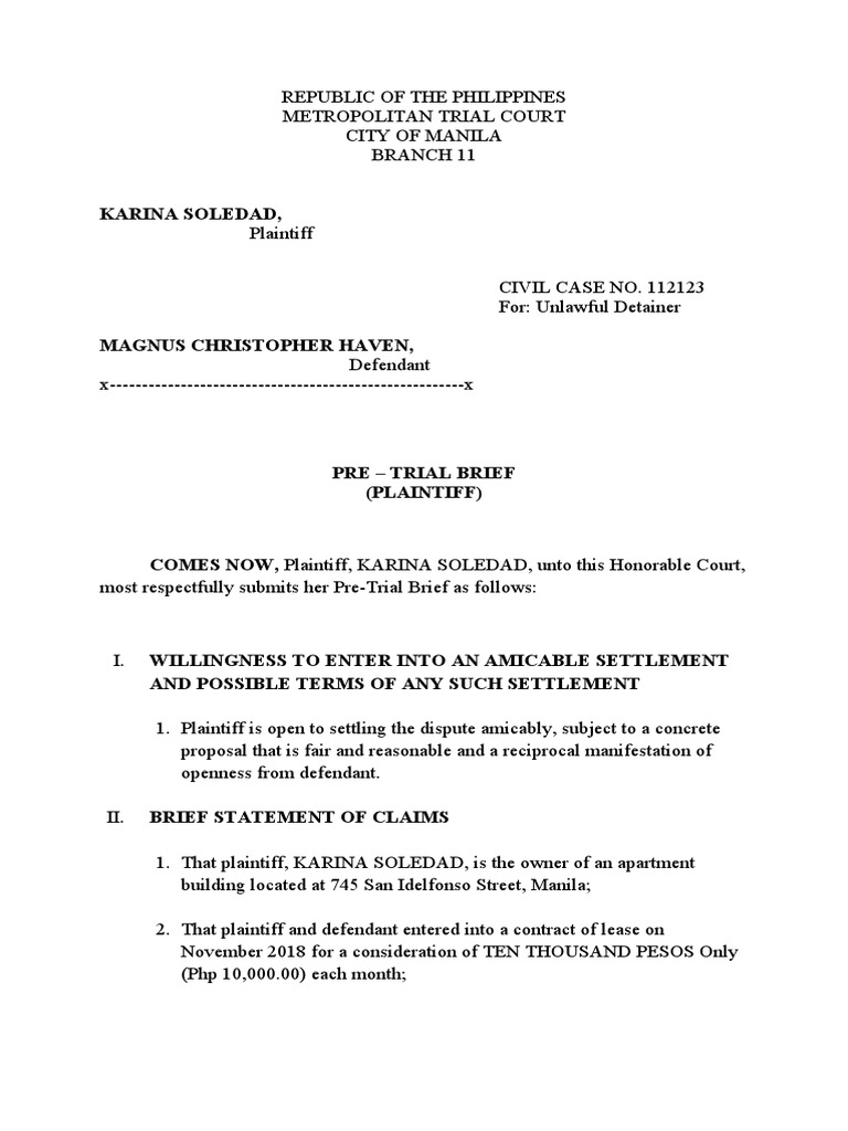 SOLEDAD v. HAVEN - Pre-Trial Brief (Plaintiff) | Download Free PDF ...