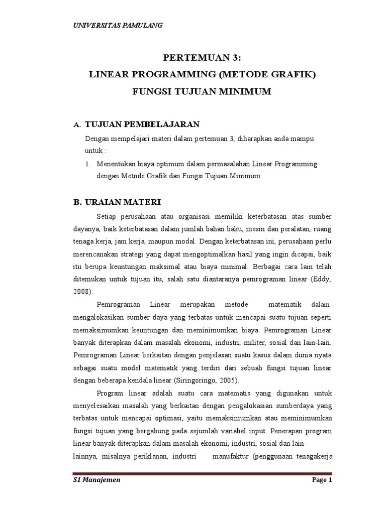 PERTEMUAN KE-3 - Linear Programming (Metode Grafik Fungsi Tujuan ...