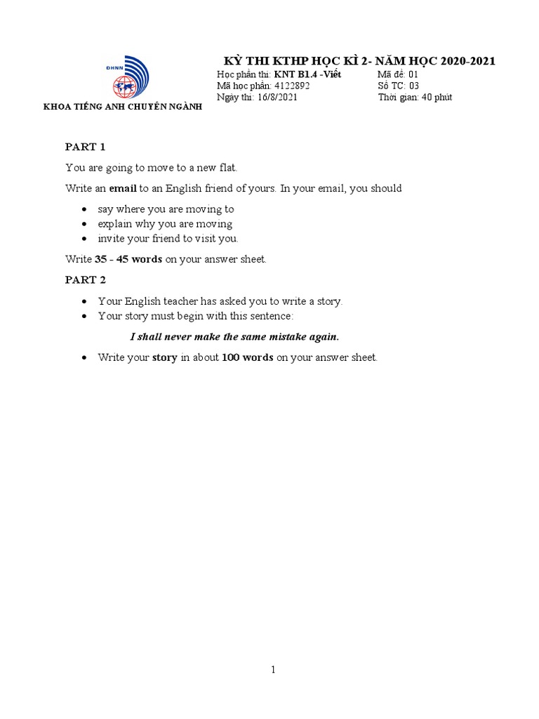 KTHP HK2 2021 - B1.4 Writing 01 | PDF