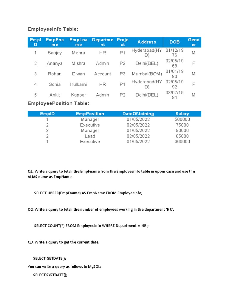 EmployeeInfo Table SQL Query | PDF | Databases | Data Management