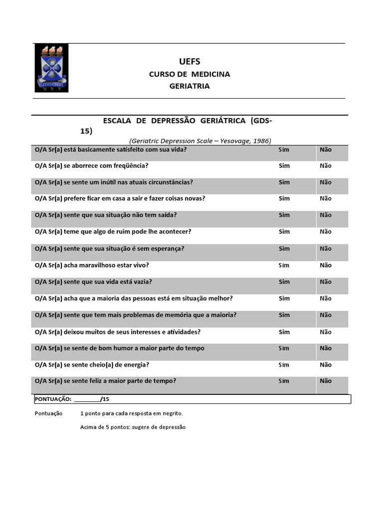 Escala de Depressão Geriátrica (GDS) | PDF
